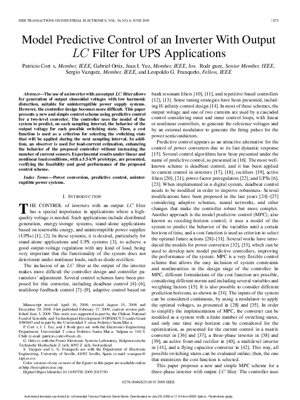 Pdf Model Predictive Control Of An Inverter With Output Filter For Ups Applications