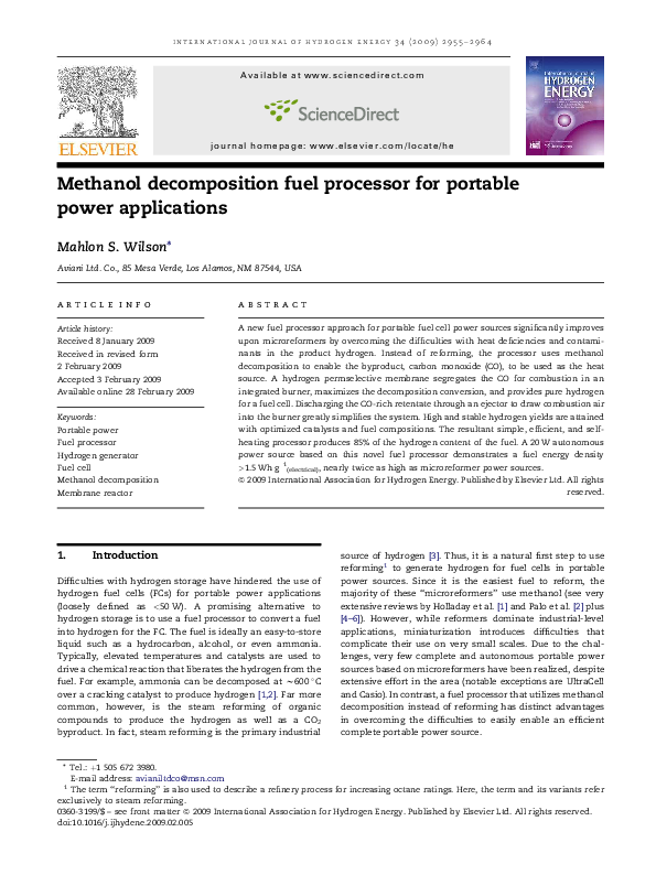 (PDF) Methanol decomposition fuel processor for portable power applications