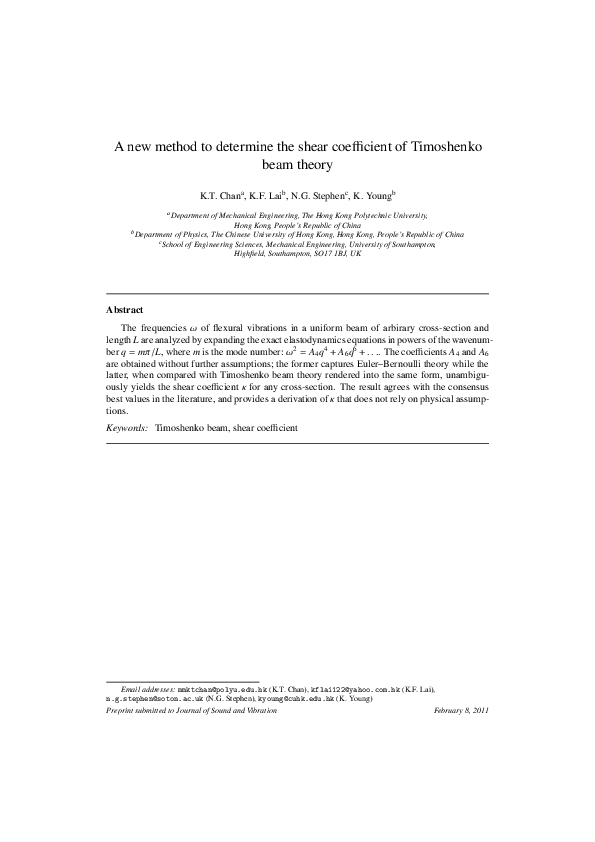 (PDF) A new method to determine the shear coefficient of Timoshenko ...