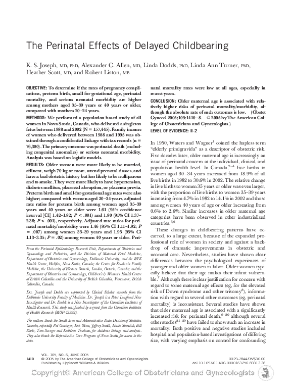 (PDF) The Perinatal Effects of Delayed Childbearing | Robert Liston ...
