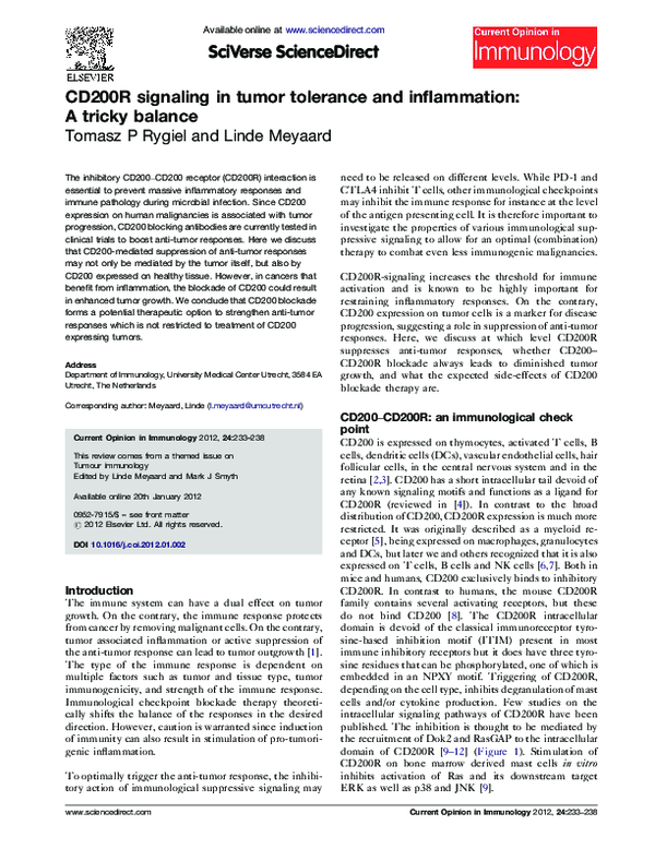 (PDF) CD200R signaling in tumor tolerance and inflammation: A tricky ...