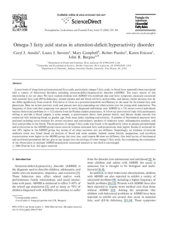 (PDF) Omega-3 fatty acid status in attention-deficit/hyperactivity disorder