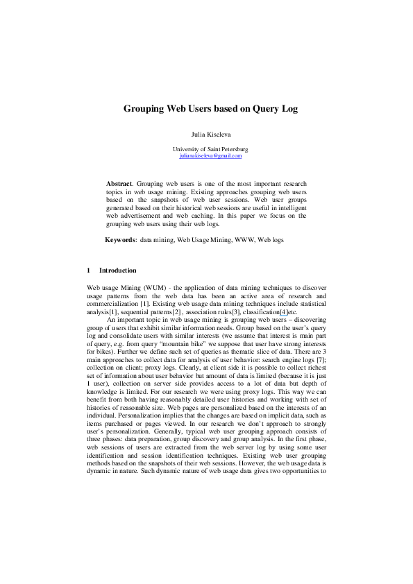 (PDF) Grouping Web Users based on Query Log