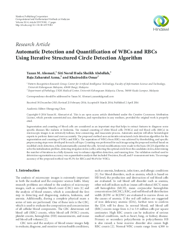(PDF) Automatic Detection and Quantification of WBCs and RBCs Using ...