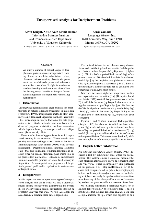 Pdf Unsupervised Analysis For Decipherment Problems