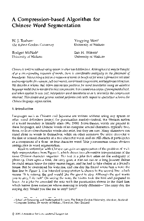 Pdf A Compression Based Algorithm For Chinese Word Segmentation
