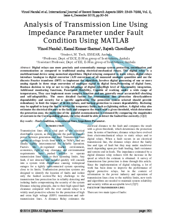(PDF) Analysis of Transmission Line Using Impedance Parameter under Fault Condition Using MATLAB