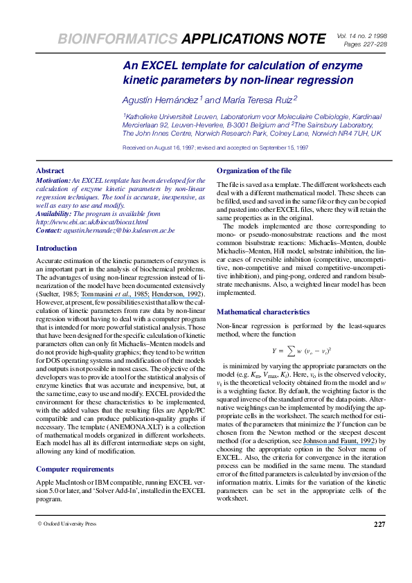 (PDF) An EXCEL template for calculation of enzyme kinetic parameters by non-linear regression
