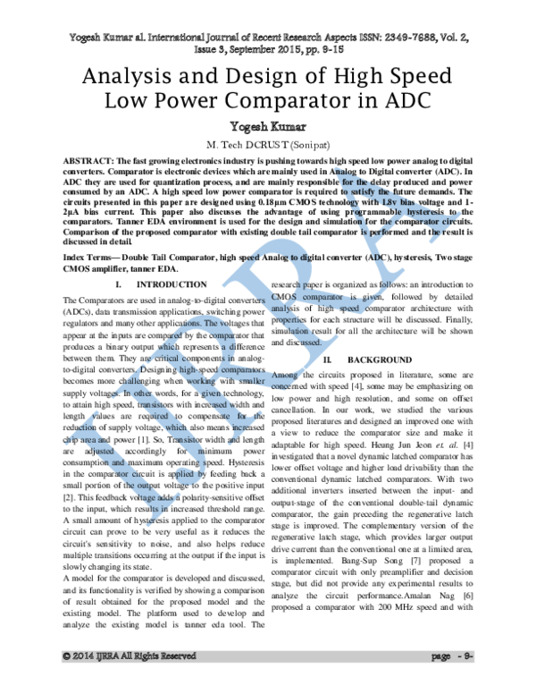 Pdf Analysis And Design Of High Speed Low Power Comparator In Adc