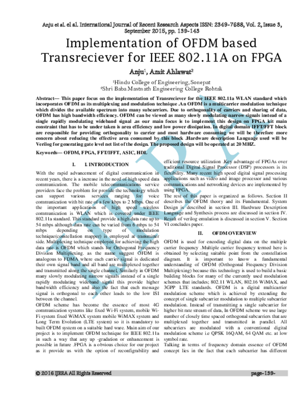 (PDF) Implementation of OFDM based Transreciever for IEEE 802.11A on FPGA