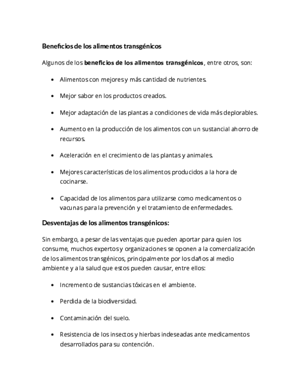 (DOC) Beneficios de los alimentos transgénicos