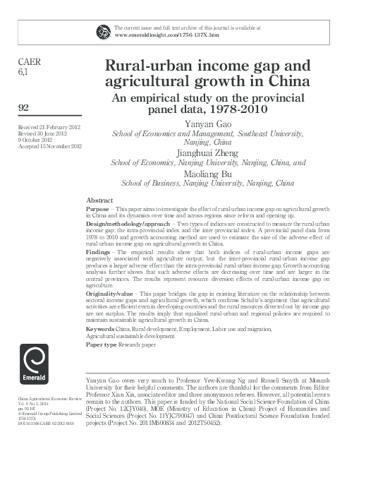 (PDF) Rural-urban income gap and agricultural growth in China