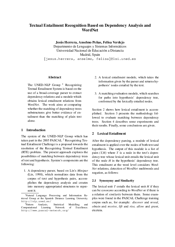 (PDF) Textual Entailment Recognition Based on Dependency Analysis and WordNet