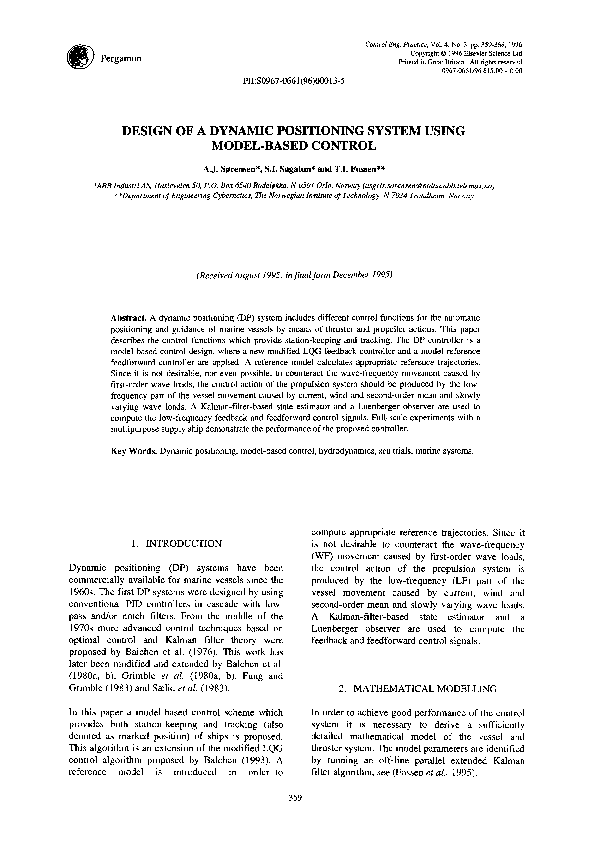 Pdf Design Of A Dynamic Positioning System Using Model Based Control