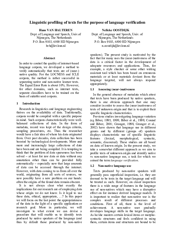 (PDF) Linguistic Profiling of Texts for the Purpose of Language Verification