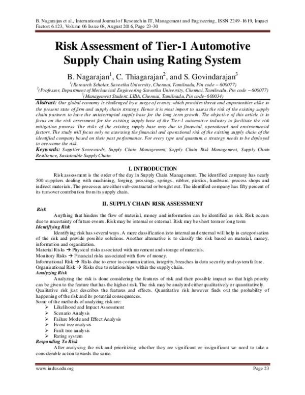 (PDF) Risk Assessment of Tier-1 Automotive Supply Chain using Rating System