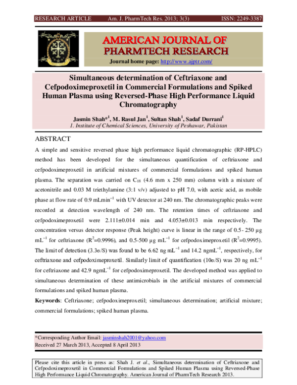 (PDF) Simultaneous determination of Ceftriaxone and Cefpodoximeproxetil in Commercial ...