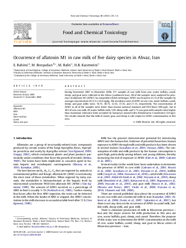 Pdf Occurrence Of Aflatoxin M1 In Raw Milk Of Five Dairy Species In