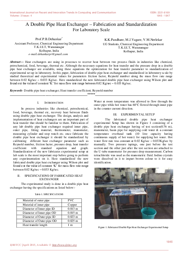 (PDF) A Double Pipe Heat Exchanger – Fabrication and Standardization ...