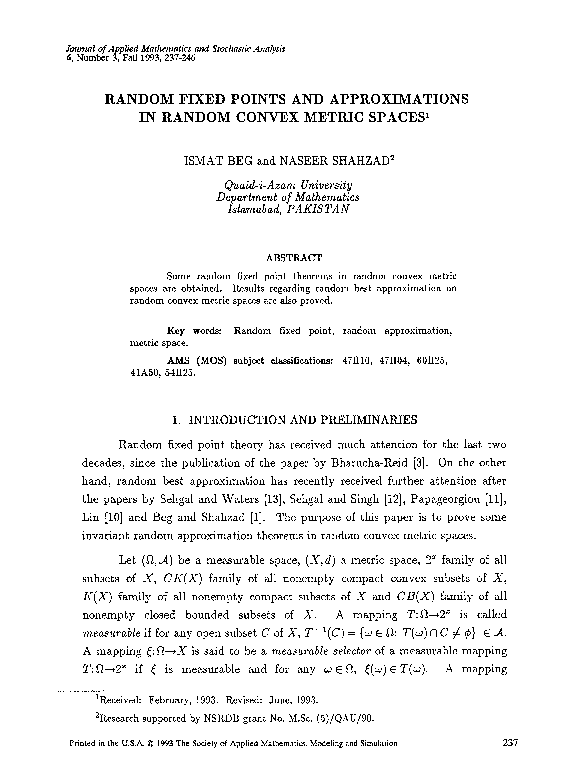 (PDF) Random fixed points and approximations in random convex metric spaces