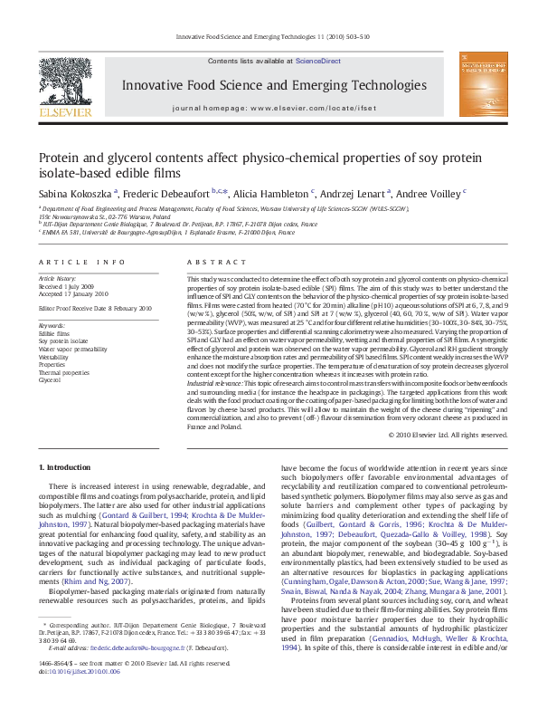 (PDF) Preparation and Characterization of Edible Films Based on Soy Protein Isolate-Fatty Acid ...
