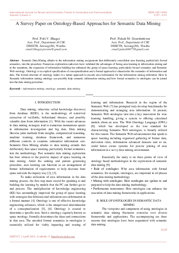 (PDF) A Survey Paper on Ontology-Based Approaches for Semantic Data Mining