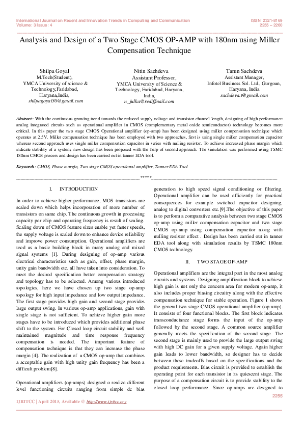 (PDF) Analysis and Design of a Two Stage CMOS OP-AMP with 180nm using Miller Compensation Technique