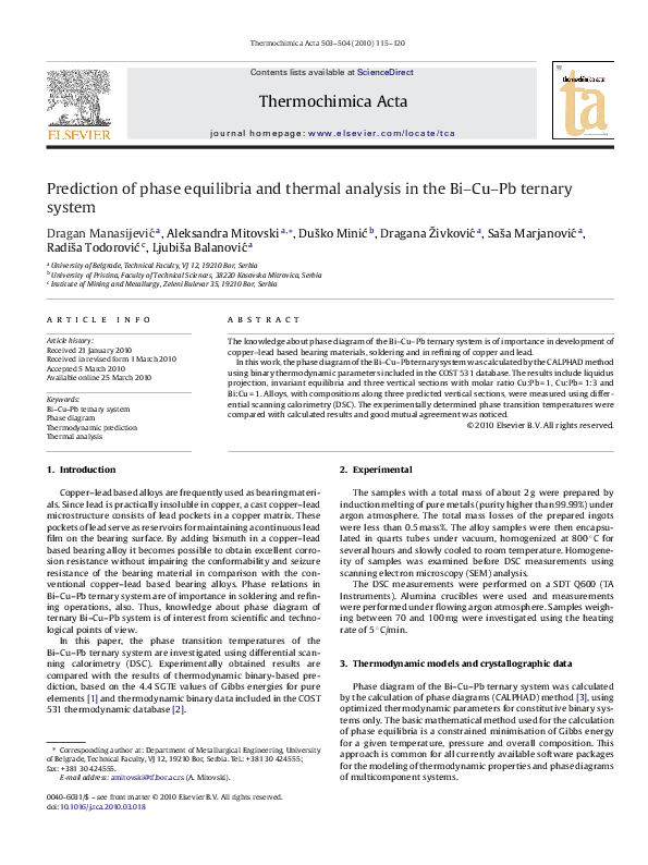 (PDF) Prediction of phase equilibria and thermal analysis in the Bi–Cu–Pb ternary system