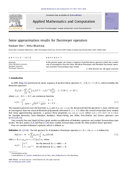 Pdf Some Approximation Results For Durrmeyer Operators
