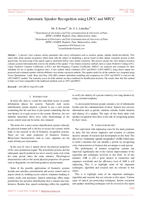 Pdf Automatic Speaker Recognition Using Lpcc And Mfcc