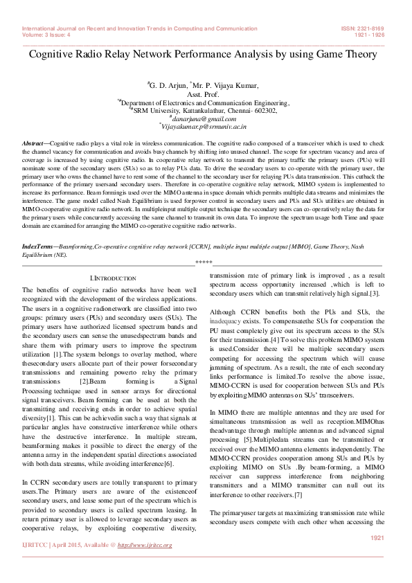 Pdf Cognitive Radio Relay Network Performance Analysis By Using Game Theory
