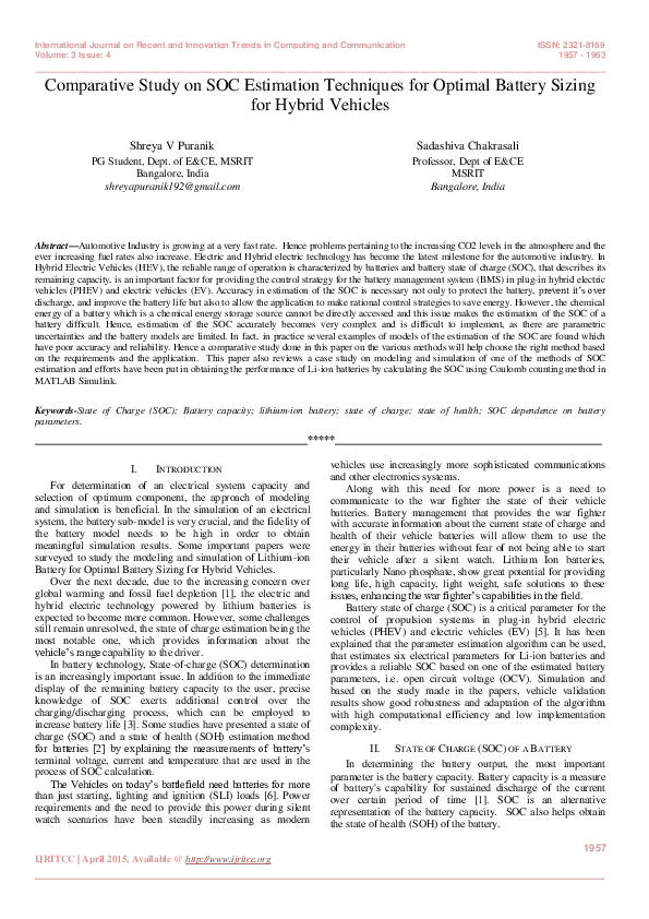 (PDF) Comparative Study on SOC Estimation Techniques for Optimal Battery Sizing for Hybrid Vehicles