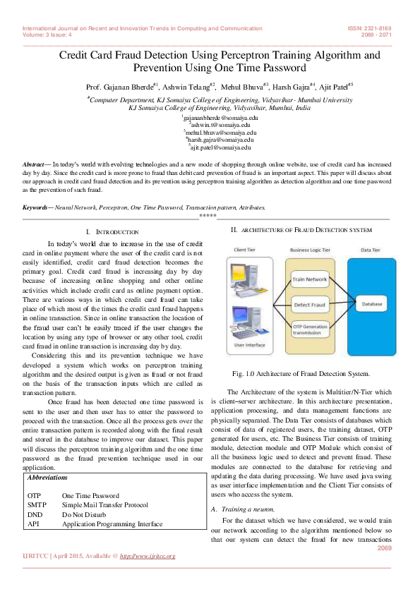 (PDF) Credit Card Fraud Detection Using Perceptron Training Algorithm and Prevention Using One ...
