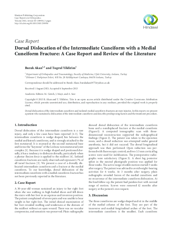Pdf Intermediate Cuneiform Dislocation And Medial Fracture Case Report