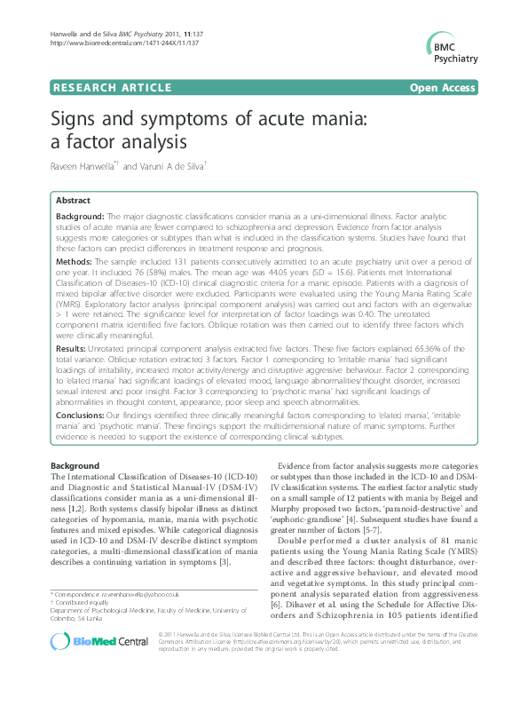 (PDF) Signs and symptoms of acute mania: a factor analysis