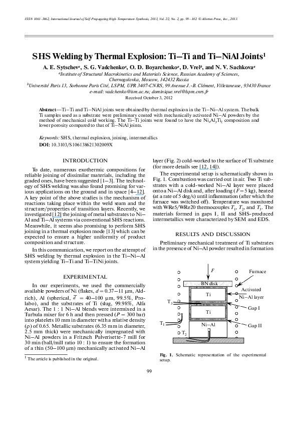 (PDF) SHS welding by thermal explosion: Ti-Ti and Ti-NiAl joints