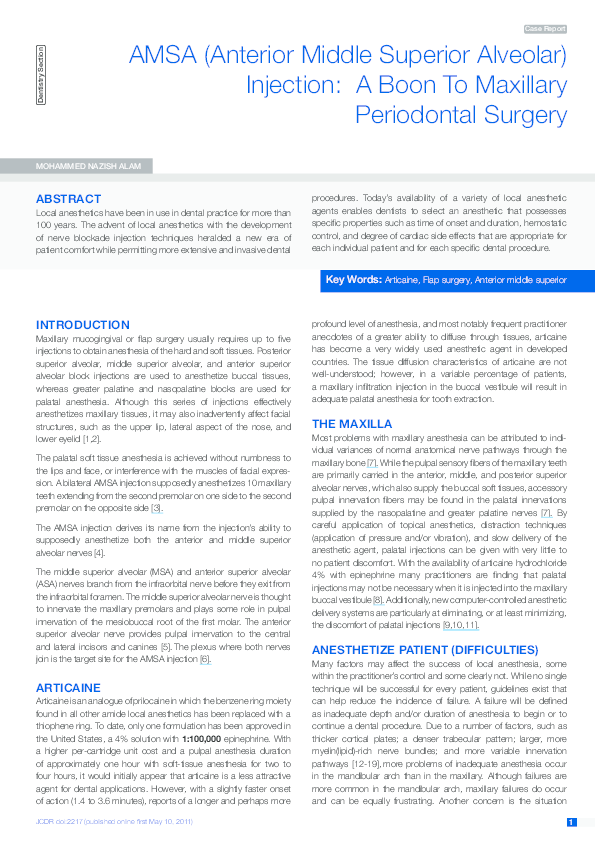 (PDF) AMSA (Anterior Middle Superior Alveolar) Injection: A Boon To ...