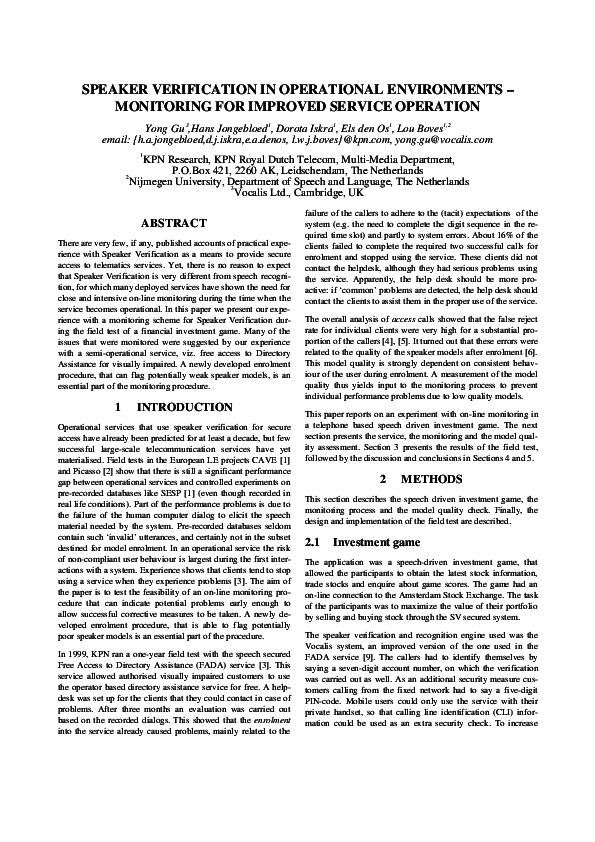 (PDF) Speaker verification in operational environments - monitoring for improved service operation