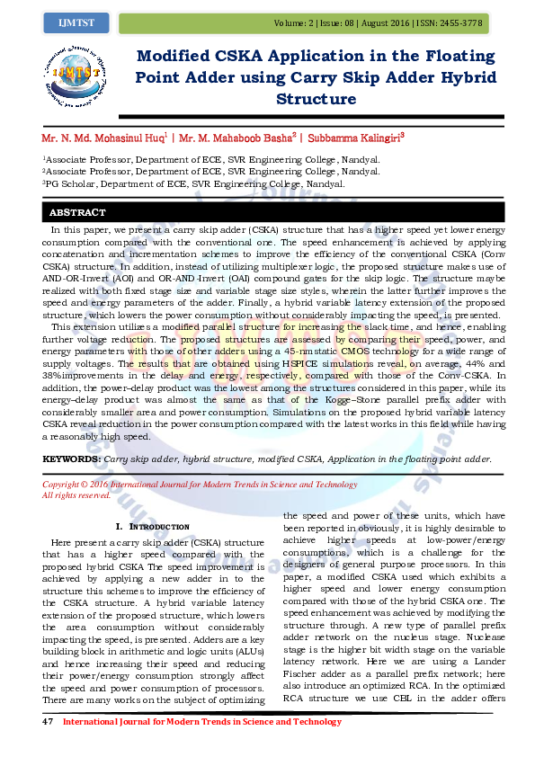 Pdf Modified Cska Application In The Floating Point Adder Using Carry Skip Adder Hybrid Structure