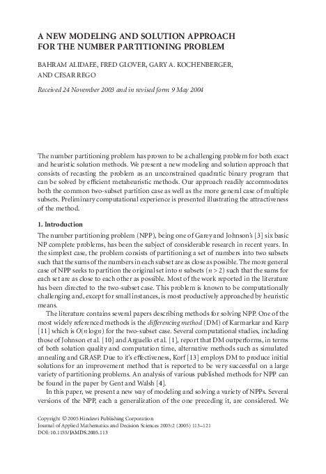 Pdf A New Modeling And Solution Approach For The Number Partitioning Problem