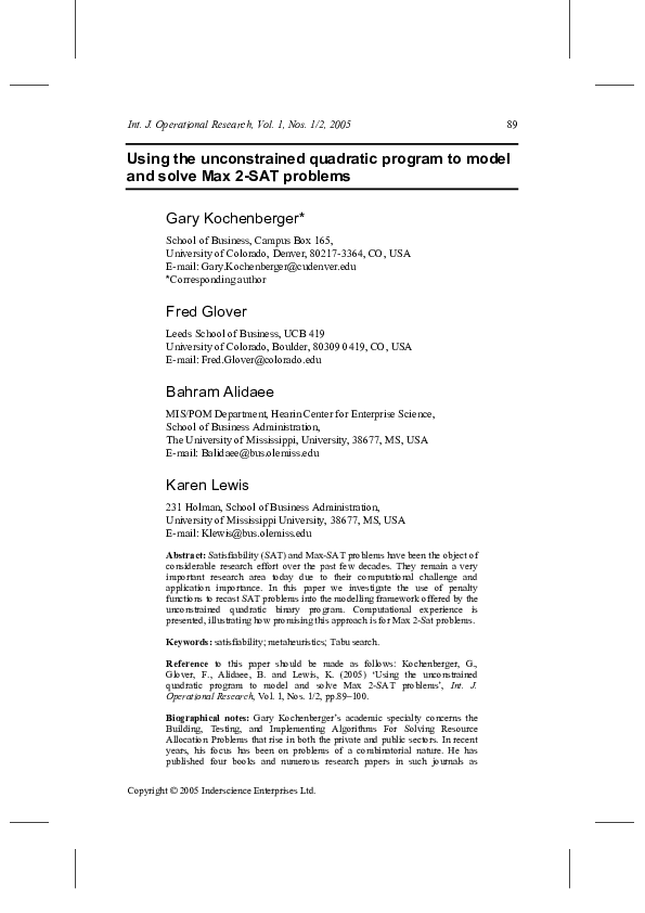 (PDF) Using the unconstrained quadratic program to model and solve Max 2SAT problems
