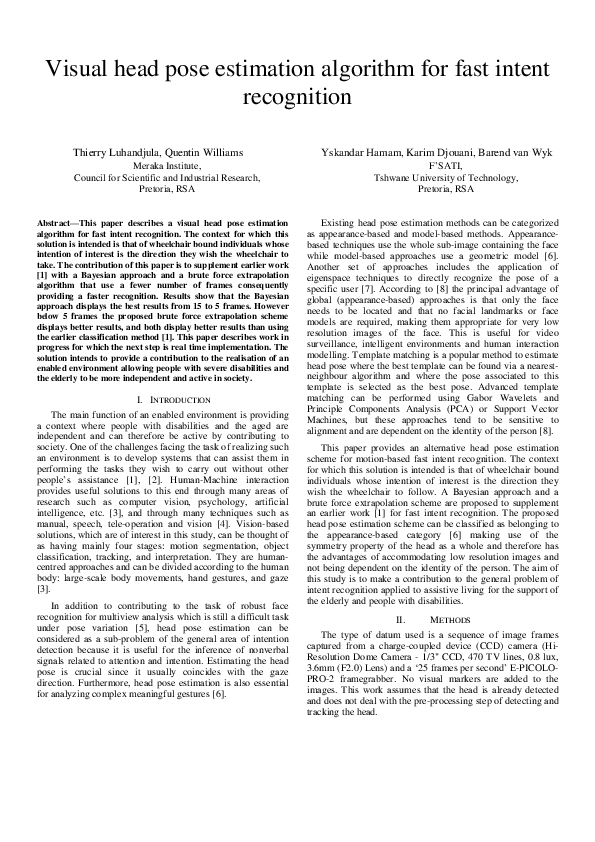 (PDF) Visual head pose estimation algorithm for fast intent recognition