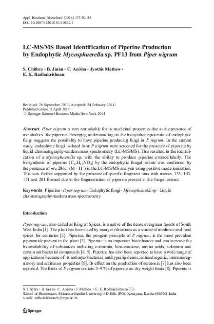 LC-MS/MS Based Identification of Piperine Production by Endophytic ...