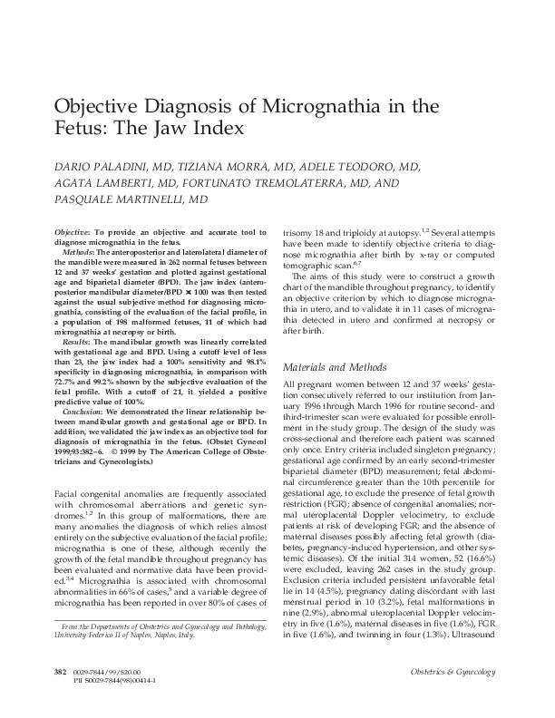 (PDF) Objective diagnosis of micrognathia in the fetus: the jaw index