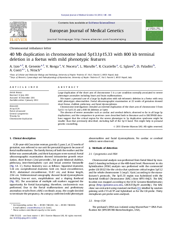 (PDF) 40 Mb duplication in chromosome band 5p13.1p15.33 with 800 kb ...