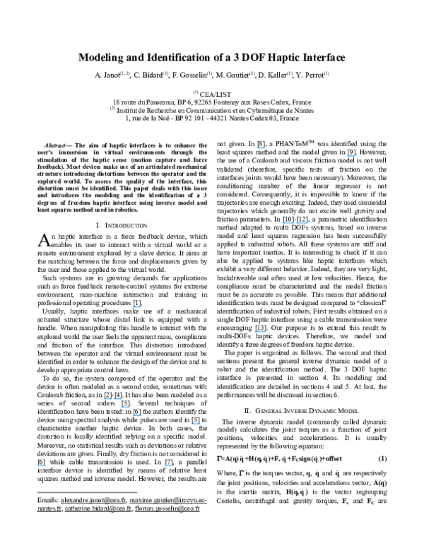 (PDF) Modeling and Identification of a 3 DOF Haptic Interface