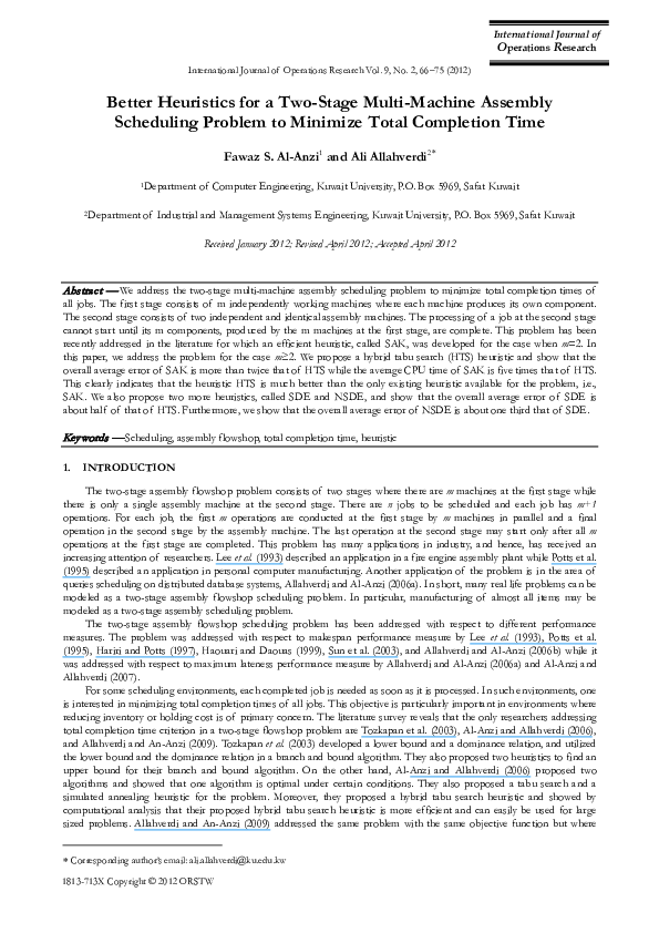 Pdf Better Heuristics For A Two Stage Multi Machine Assembly Scheduling Problem To Minimize