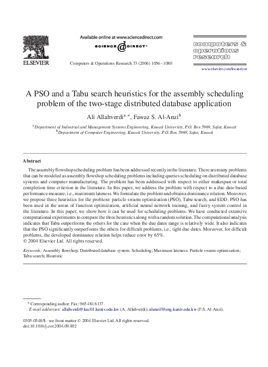 Pdf A Pso And A Tabu Search Heuristics For The Assembly Scheduling Problem Of The Two Stage