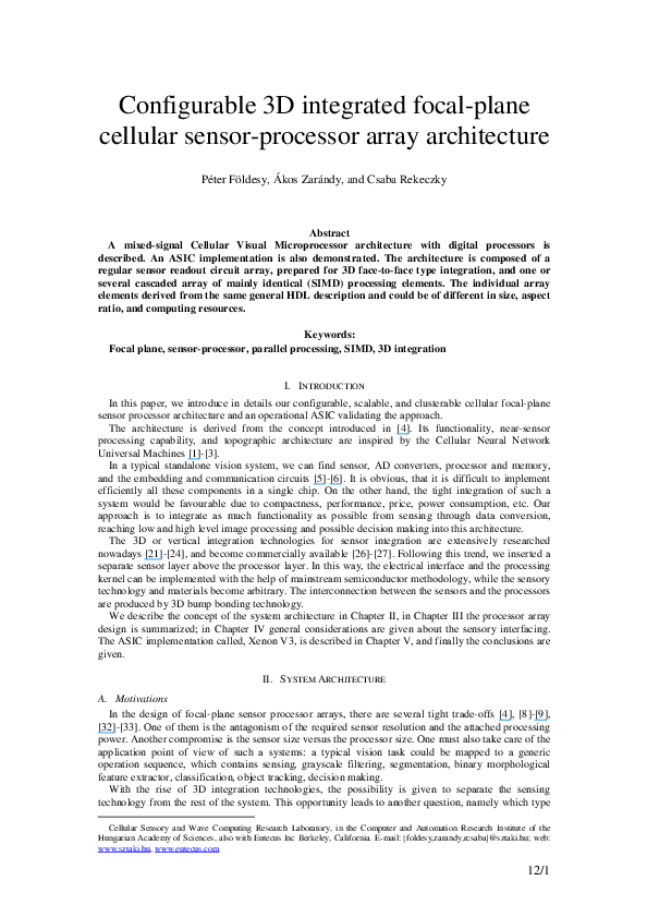 (PDF) Configurable 3D-integrated focal-plane cellular sensor-processor array architecture