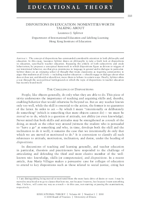 (PDF) DISPOSITIONS IN EDUCATION: NONENTITIES WORTH TALKING ABOUT